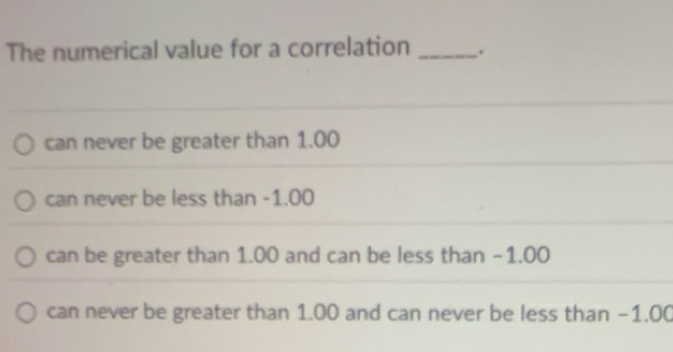Solved: The numerical value for a correlation _. can never be greater ...