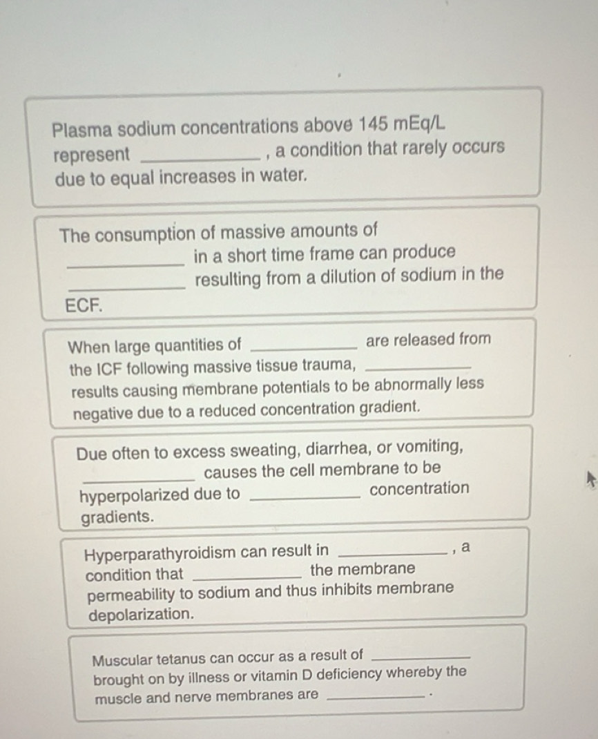 Solved: Plasma sodium concentrations above 145 mEq/L represent _, a ...