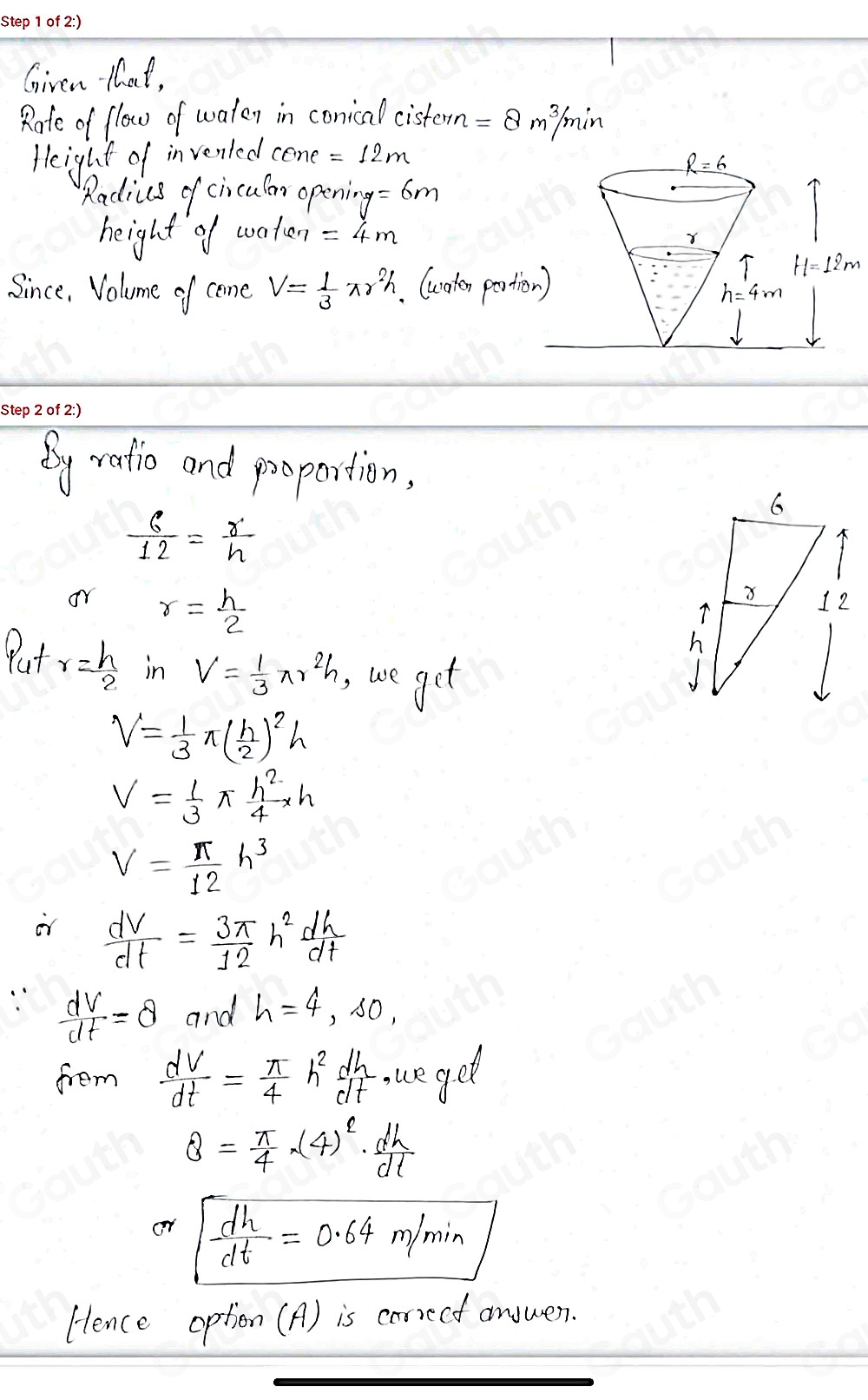 Solved: Water is flowing into a conical cistern at the rate of 8m ...