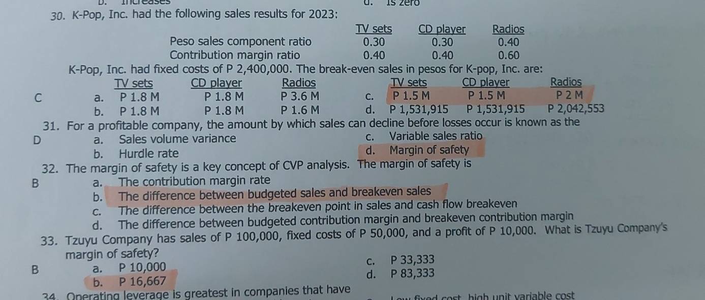 Solved: is zéro 30. K-Pop, Inc. had the following sales results for ...