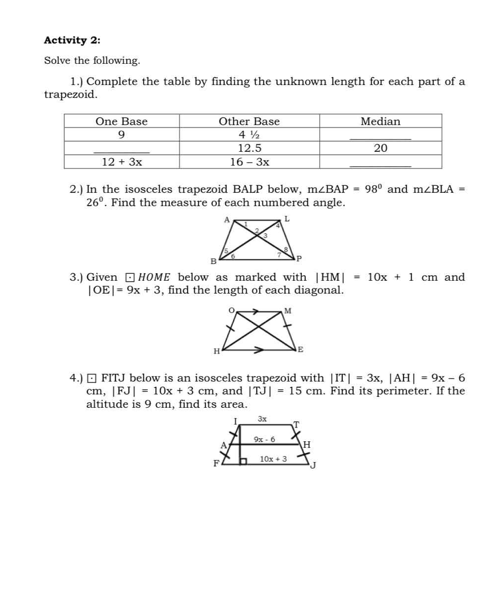 Solved: Activity 2: Solve the following. 1.) Complete the table by ...