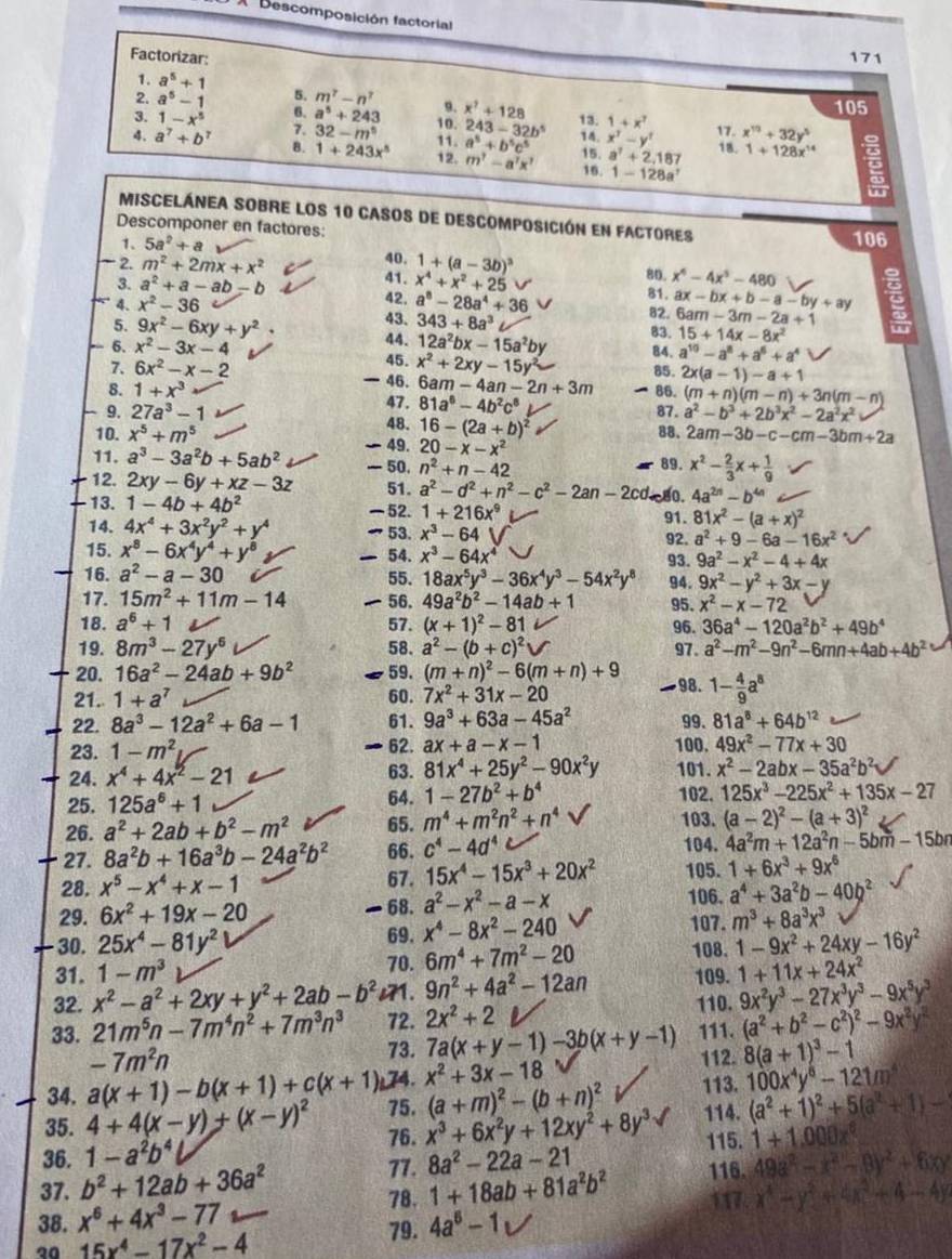Resuelto:A Bescomposición factorial Factorizar: 171 1. a^5+1 2. a^5-1 5. m^7-n^7 9. x^2+128 105 3.