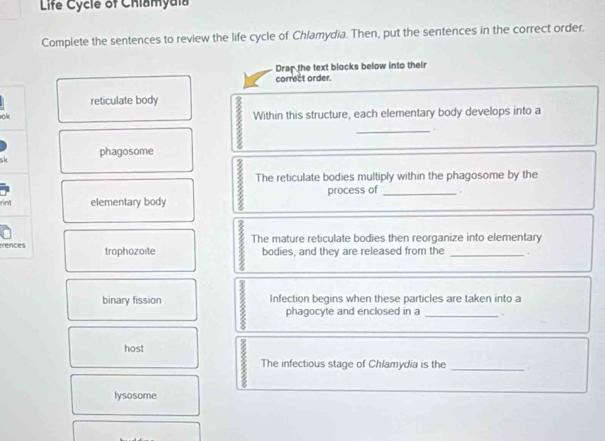 Solved: Life Cycle of Chlamydïa Complete the sentences to review the ...