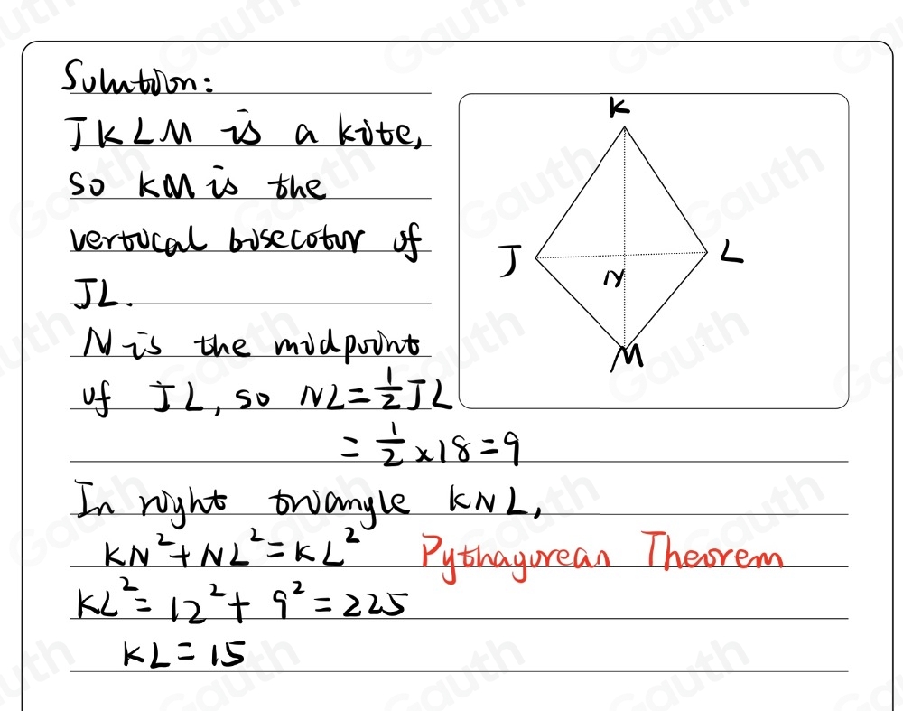 Solved: JKLM is a kite. lf JL=18 NK=12 , and ML=10 , find KL. [Math]