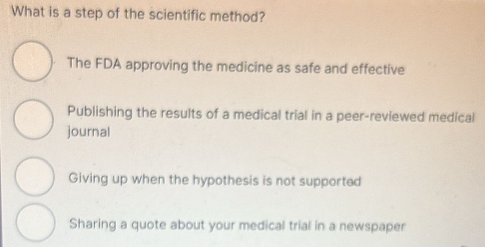 Solved: What is a step of the scientific method? The FDA approving the ...