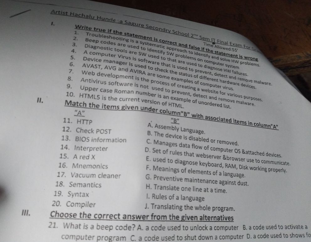 Solved: Artist Hachalu Hunde a Sagure Secondry School 2^(110) Sem IT Final Exam For o 1. Write ...