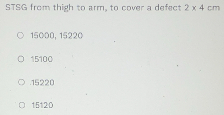 Solved: STSG from thigh to arm, to cover a defect 2* 4cm 15000, 15220 ...