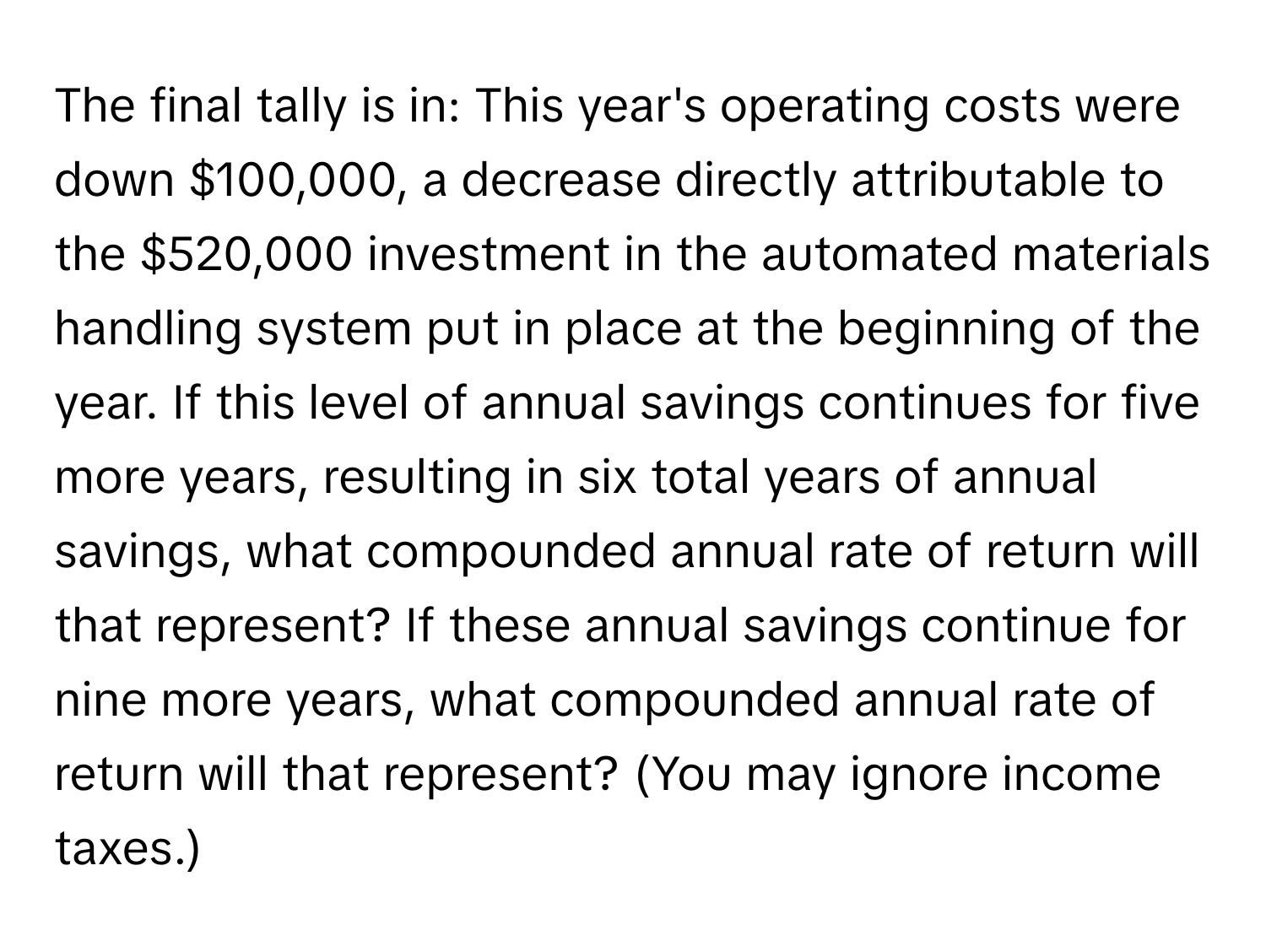 Solved: The final tally is in: This year's operating costs were down ...