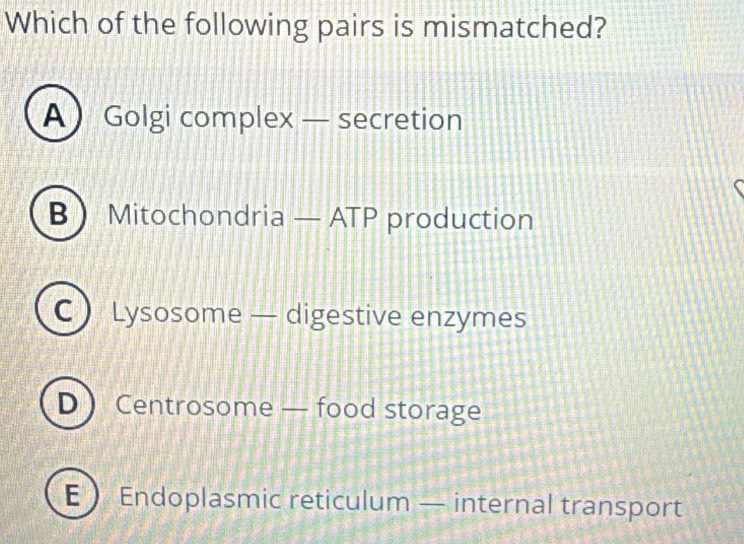Solved: Which of the following pairs is mismatched? A Golgi complex ...