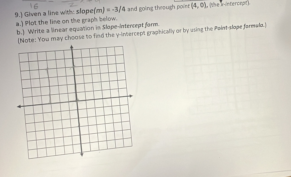 Solved: 9.) Given a line with: slope (m)=-3/4 and going through point ...