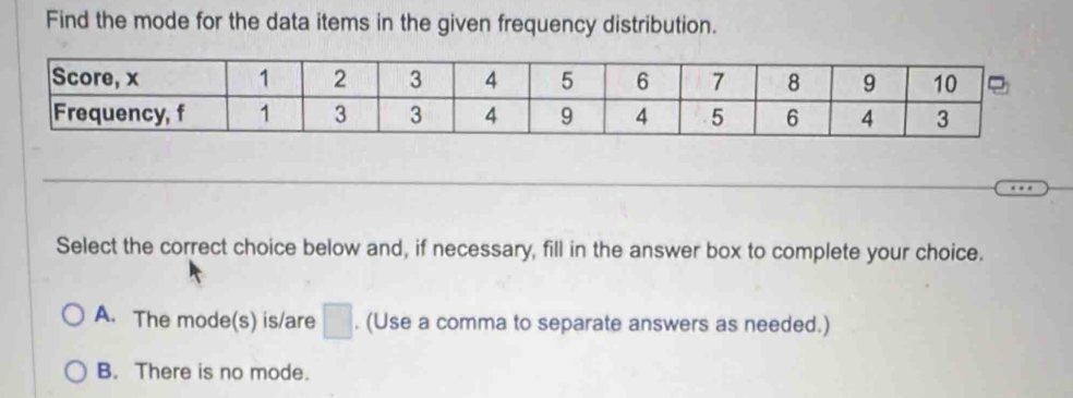 Solved: Find the mode for the data items in the given frequency distribution. Score, x 1 2 3 4 5 ...