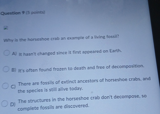 Solved: Why is the horseshoe crab an example of a living fossil? A) It ...