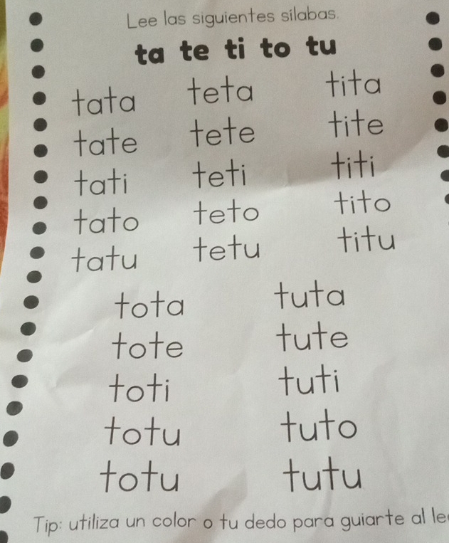 Resuelto:Lee las siguientes silabas. ta te ti to tu tata teta tita tate ...