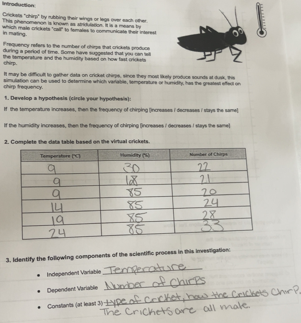 Solved: Introduction: Crickets “chirp” by rubbing their wings or legs ...