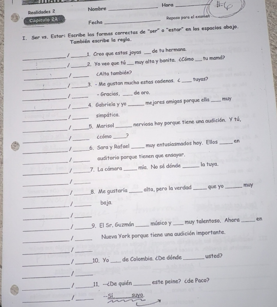 Solved: Hora_ Realidades 2 Nombre _ Repaso para el examen Capitulo 2A ...