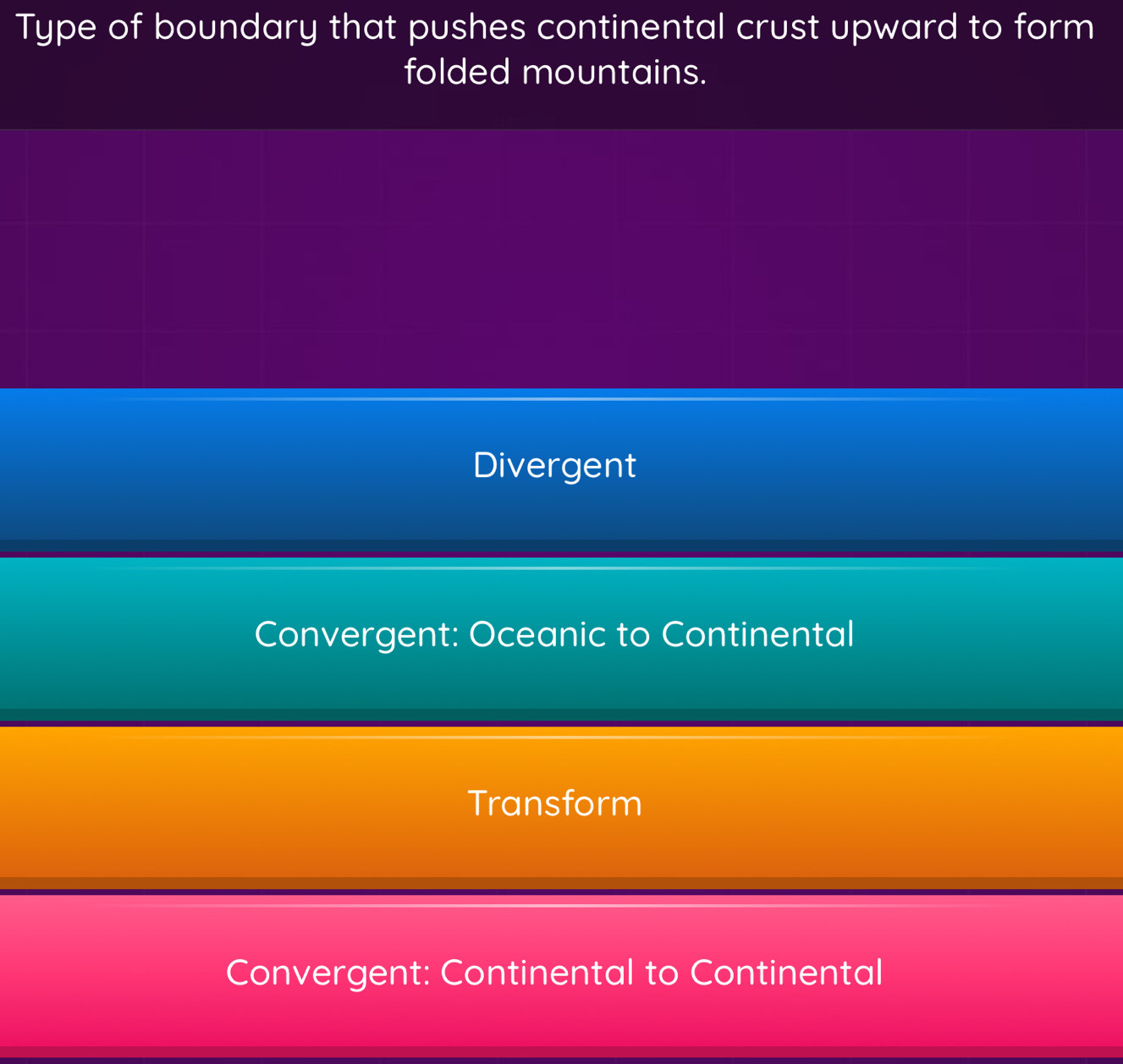 Solved: Type of boundary that pushes continental crust upward to form ...