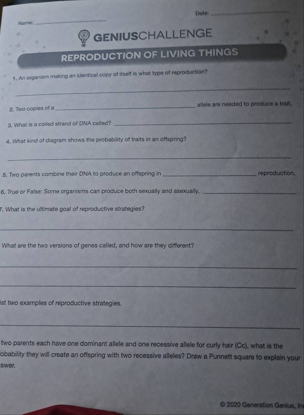 Solved: Date: _ Name: _ GENIUSCHALLENGE REPRODUCTION OF LIVING THINGS 1 ...