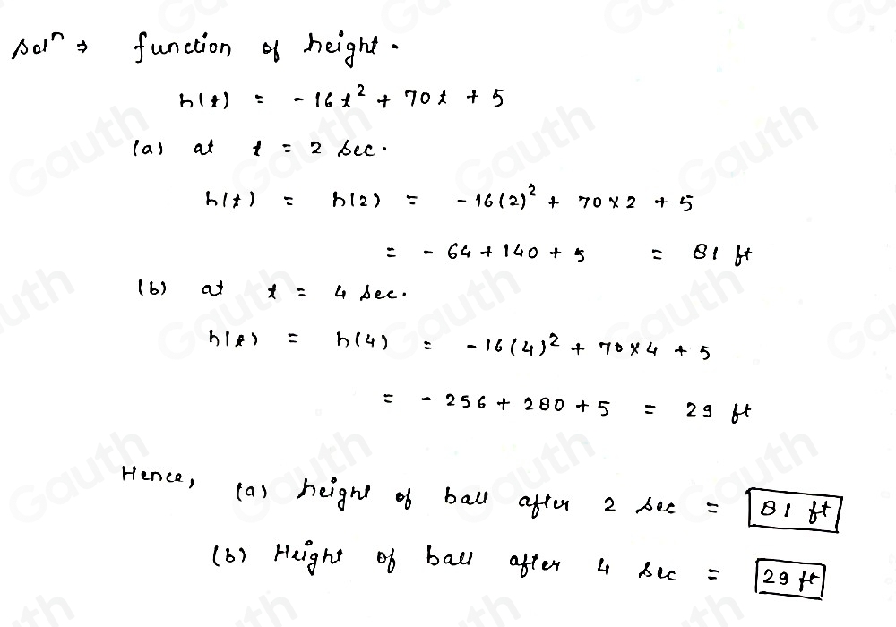 Solved: The height h, in feet, of a ball that is released 5 ft above ...