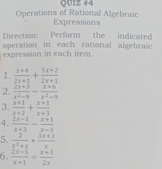 Solved: Operations of Rational Algebraic Expressions Direction: Perform ...