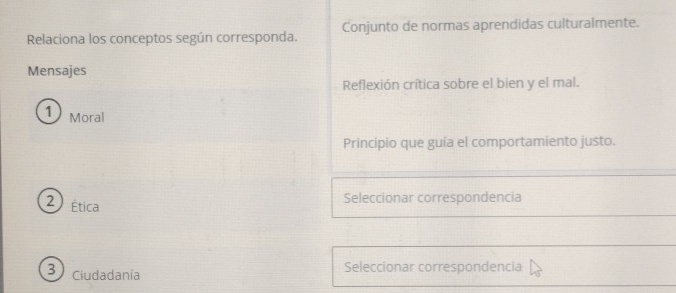 Resuelto:Relaciona los conceptos según corresponda. Conjunto de normas aprendidas culturalmente. M