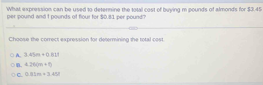 Solved: What expression can be used to determine the total cost of ...