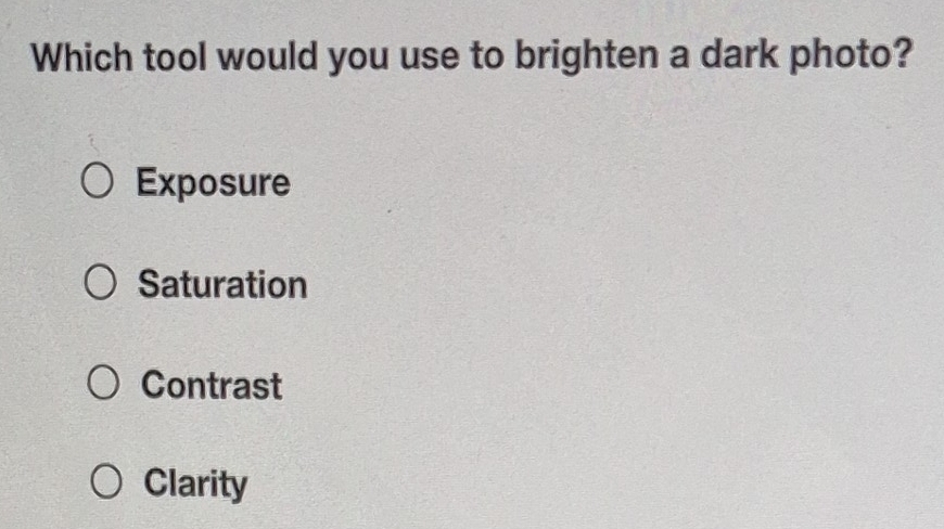 Solved: Which tool would you use to brighten a dark photo? Exposure ...
