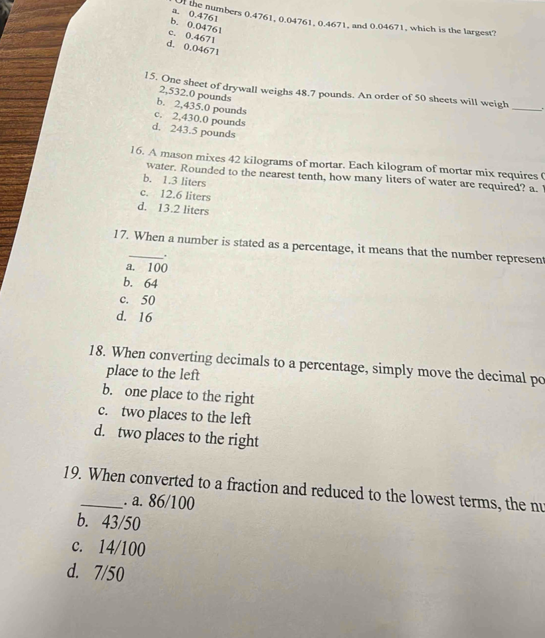 Solved: a. 0.4761 Ot the numbers 0.4761, 0.04761, 0.4671, and 0.04671 ...