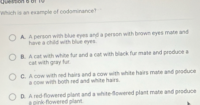 Solved: Which is an example of codominance? A. A person with blue eyes ...