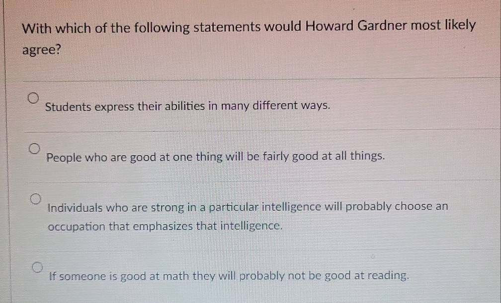 Solved: With which of the following statements would Howard Gardner ...