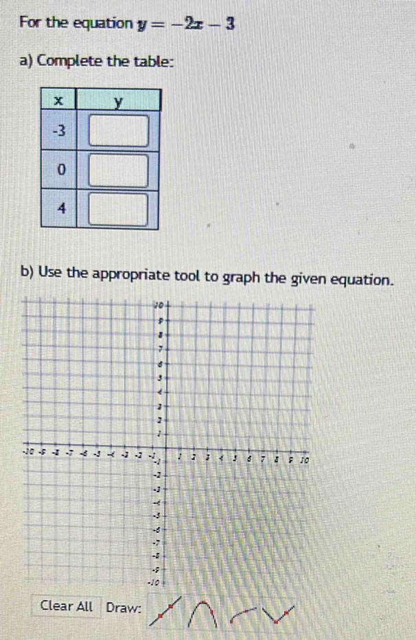 Solved: For the equation y=-2x-3 a) Complete the table: b) Use the ...