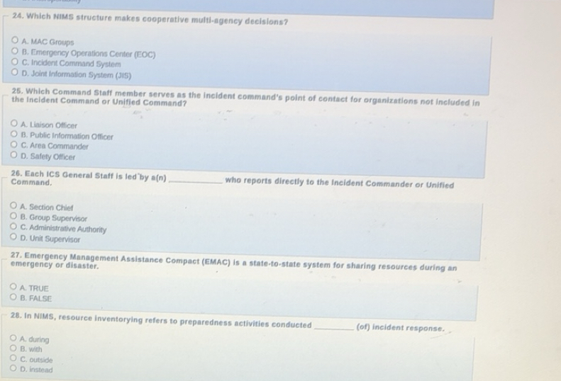 Solved: Which NIMS structure makes cooperative multi-agency decisions ...