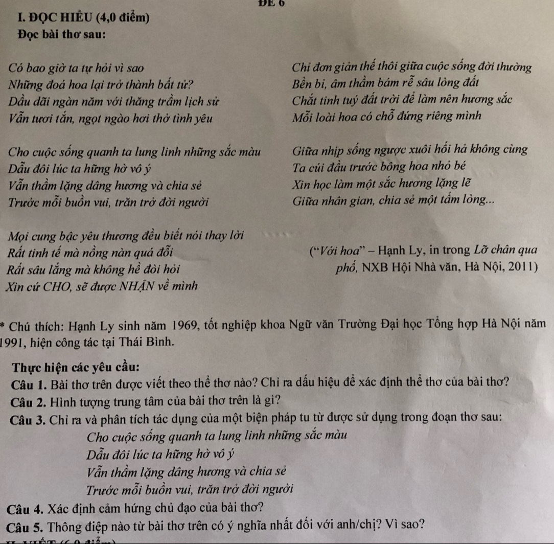 Giải quyết:DE 0 I. ĐQC HIÊU (4,0 điểm) Đọc bài thơ sau: Có bao giờ ta ...