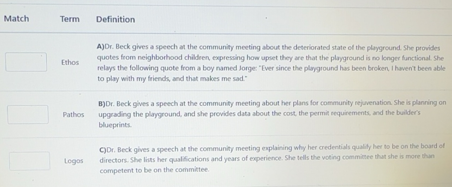 Solved: Match Term Definition A)Dr. Beck gives a speech at the ...