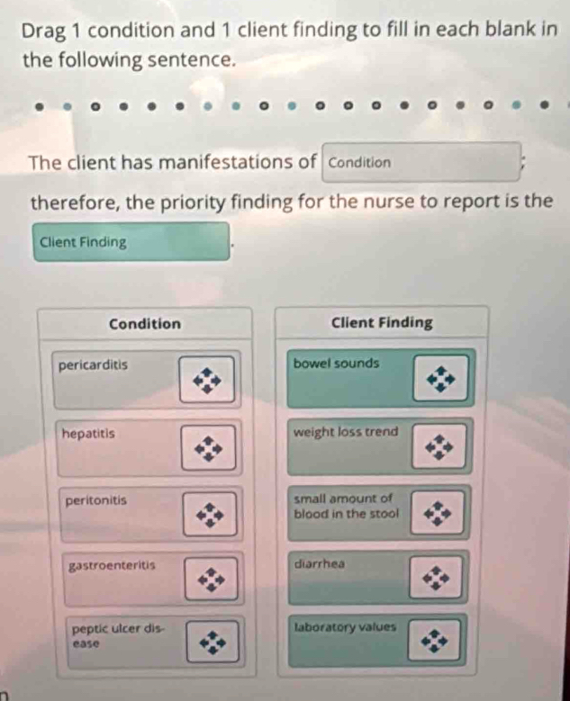 Solved: Drag 1 condition and 1 client finding to fill in each blank in ...