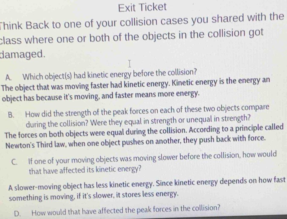 Solved: Exit Ticket Think Back to one of your collision cases you ...