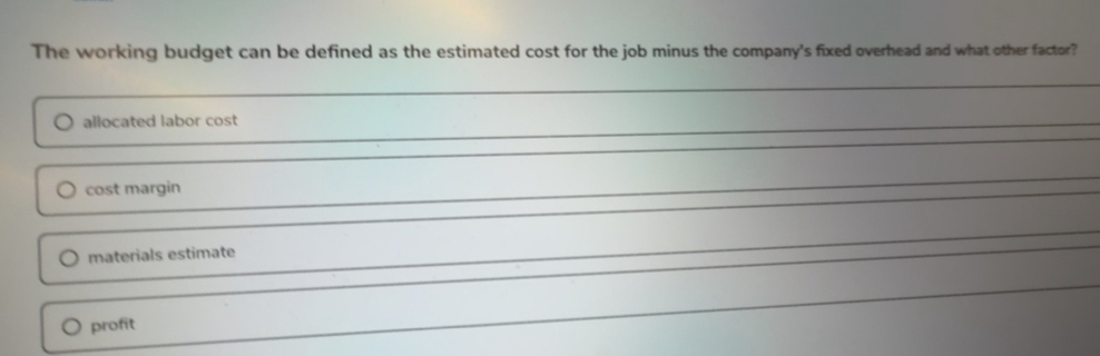 Solved: The working budget can be defined as the estimated cost for the ...