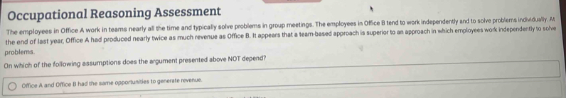 Solved: Occupational Reasoning Assessment The employees in Office A ...