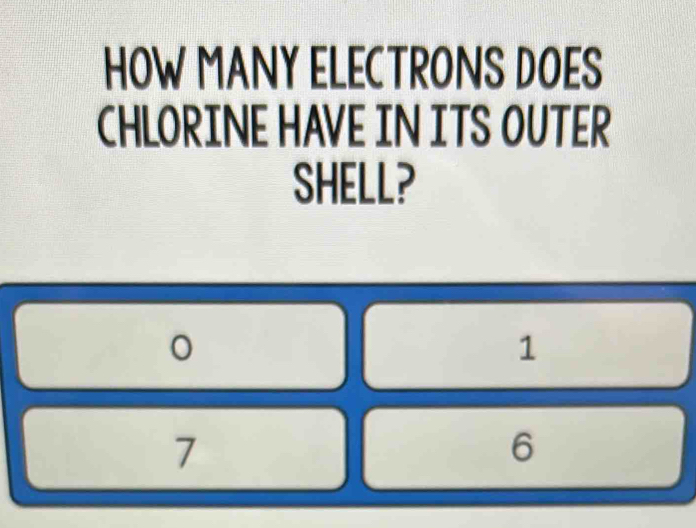 Solved: HOW MANY ELECTRONS DOES CHLORINE HAVE IN ITS OUTER SHELL? 1 7 6 ...
