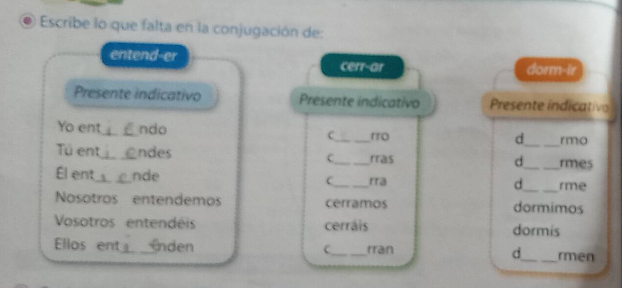 Resuelto:Escribe lo que falta en la conjugación de: entend-er cerr-ar ...