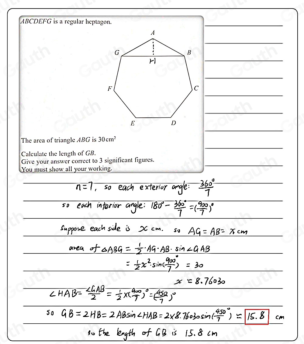 Solved: ABCDEFG is a regular heptagon. The area of triangle ABG is 30cm ...