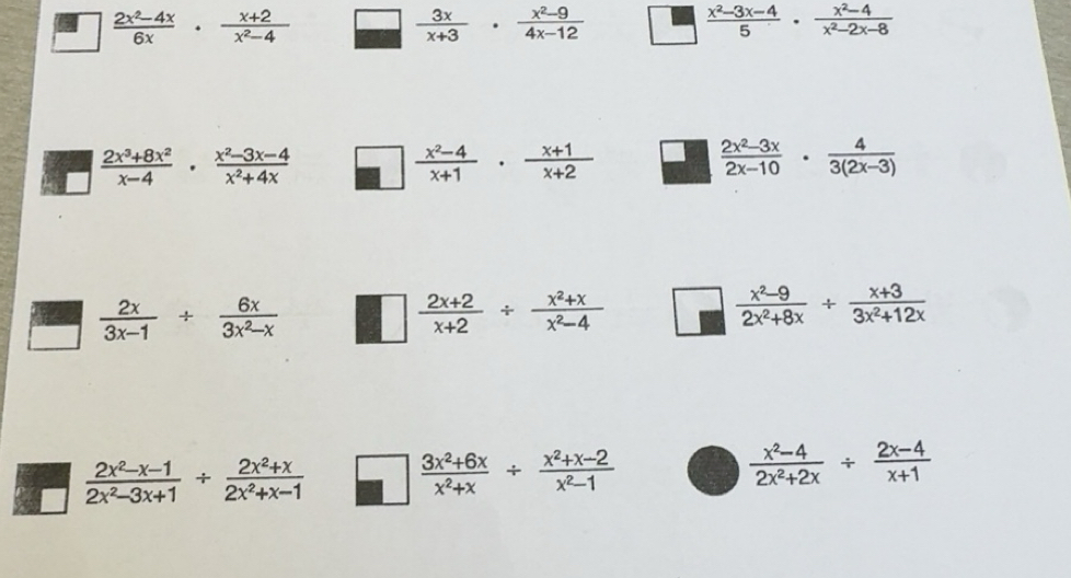 Solved: (2x^2-4x)/6x · (x+2)/x^2-4 3x/x+3 · (x^2-9)/4x-12 (x^2-3x-4)/5 ...