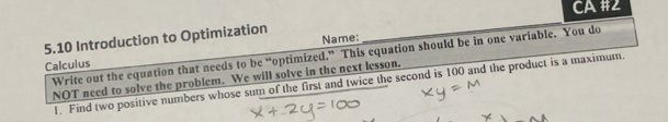 Solved: CA #2 5.10 Introduction to Optimization Name: _ Write out the ...