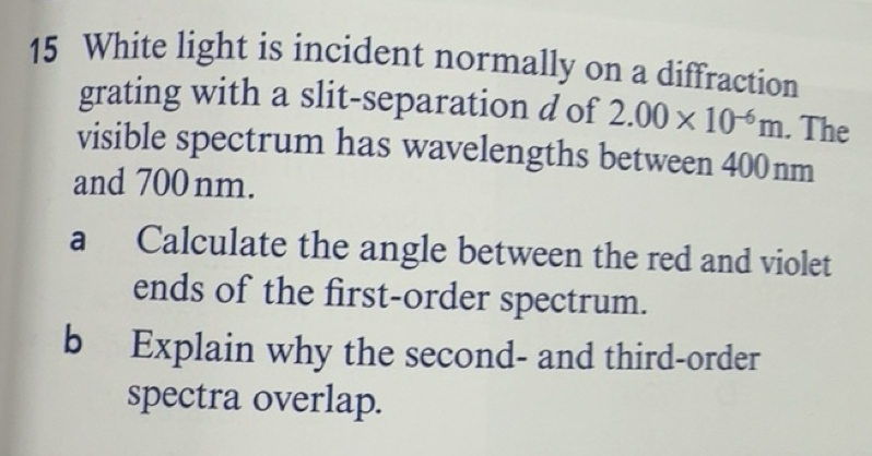 Giải quyết:White light is incident normally on a diffraction grating ...