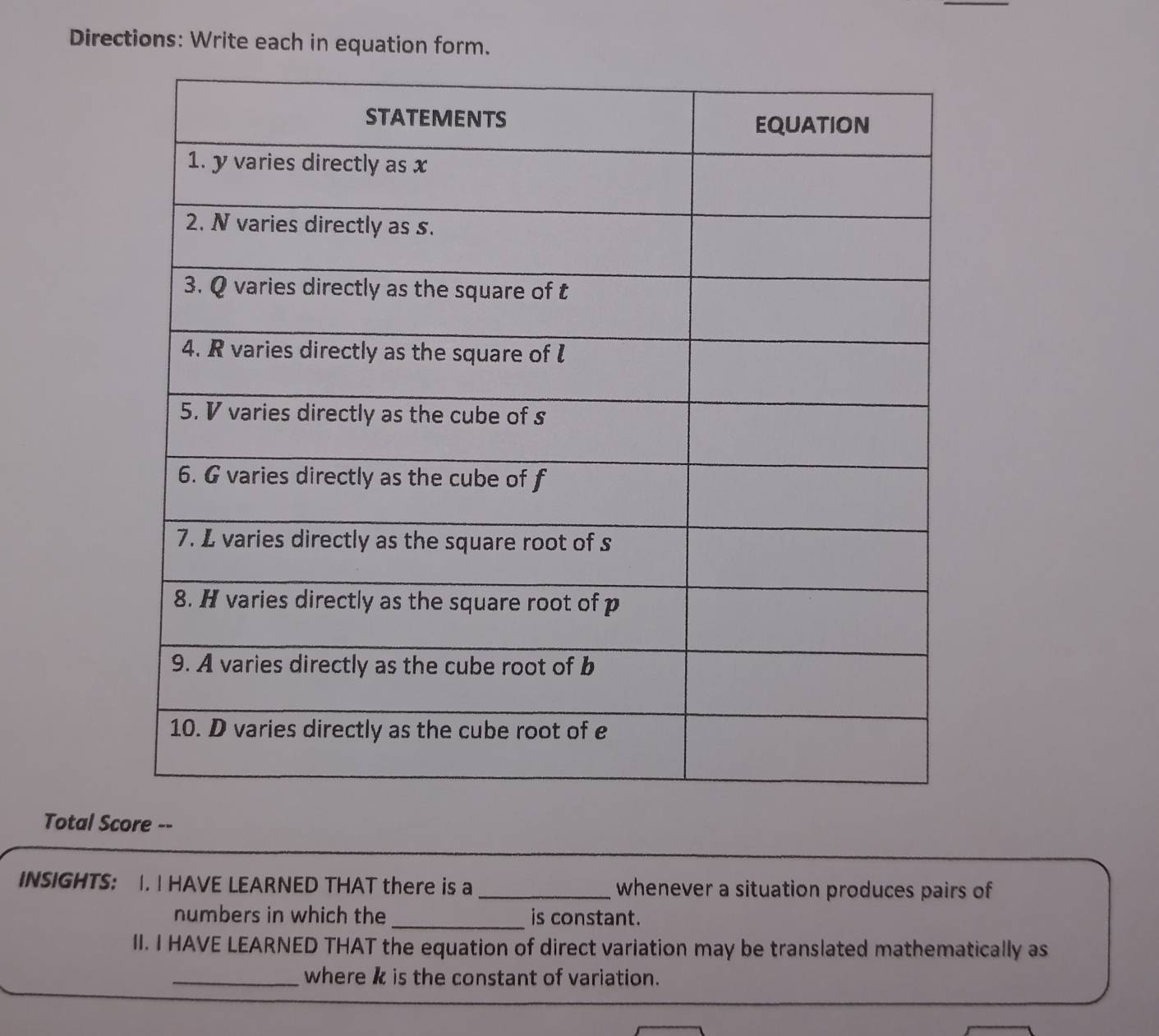 Solved: Directions: Write each in equation form. Total Score ...