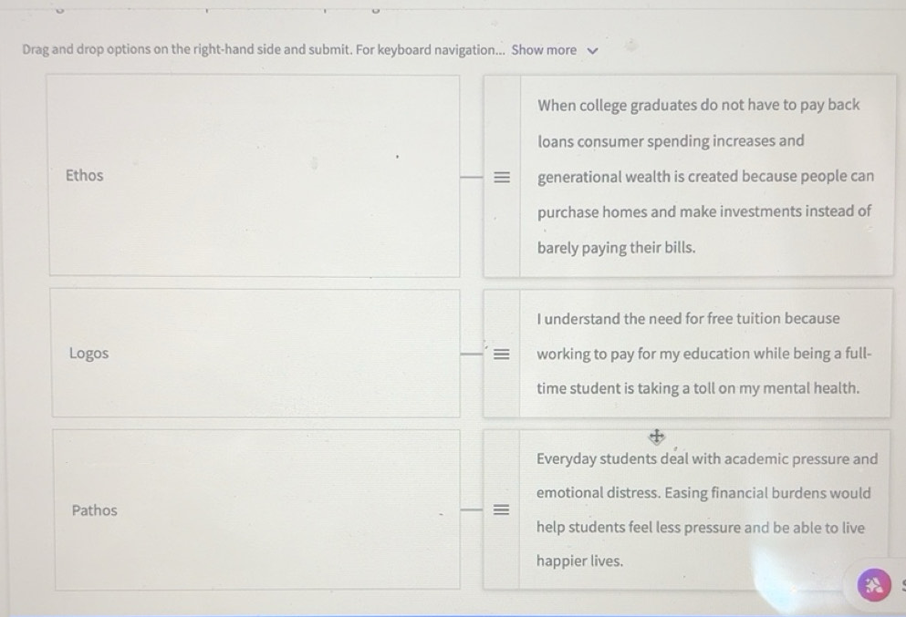 Solved: Drag and drop options on the right-hand side and submit. For keyboard navigation... Show ...