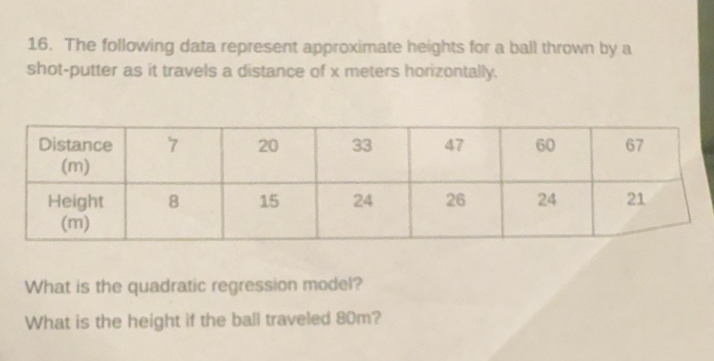 Solved: The following data represent approximate heights for a ball ...