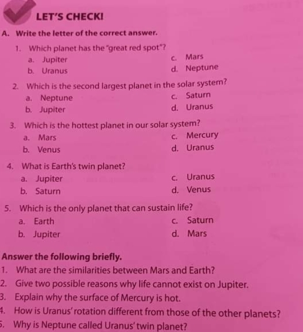 Solved: LET′S CHECKI A. Write the letter of the correct answer. 1 ...