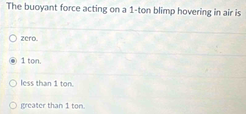 Solved: The buoyant force acting on a 1-ton blimp hovering in air is ...