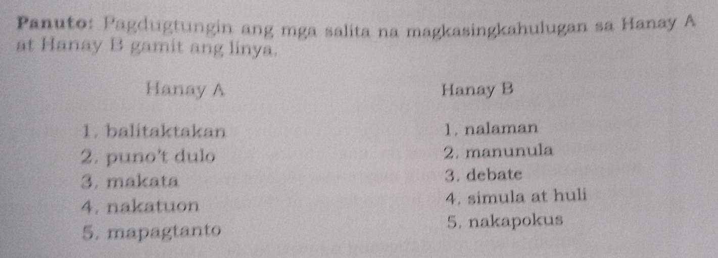 Solved: Panuto: Pagdugtungin ang mga salita na magkasingkahulugan sa ...