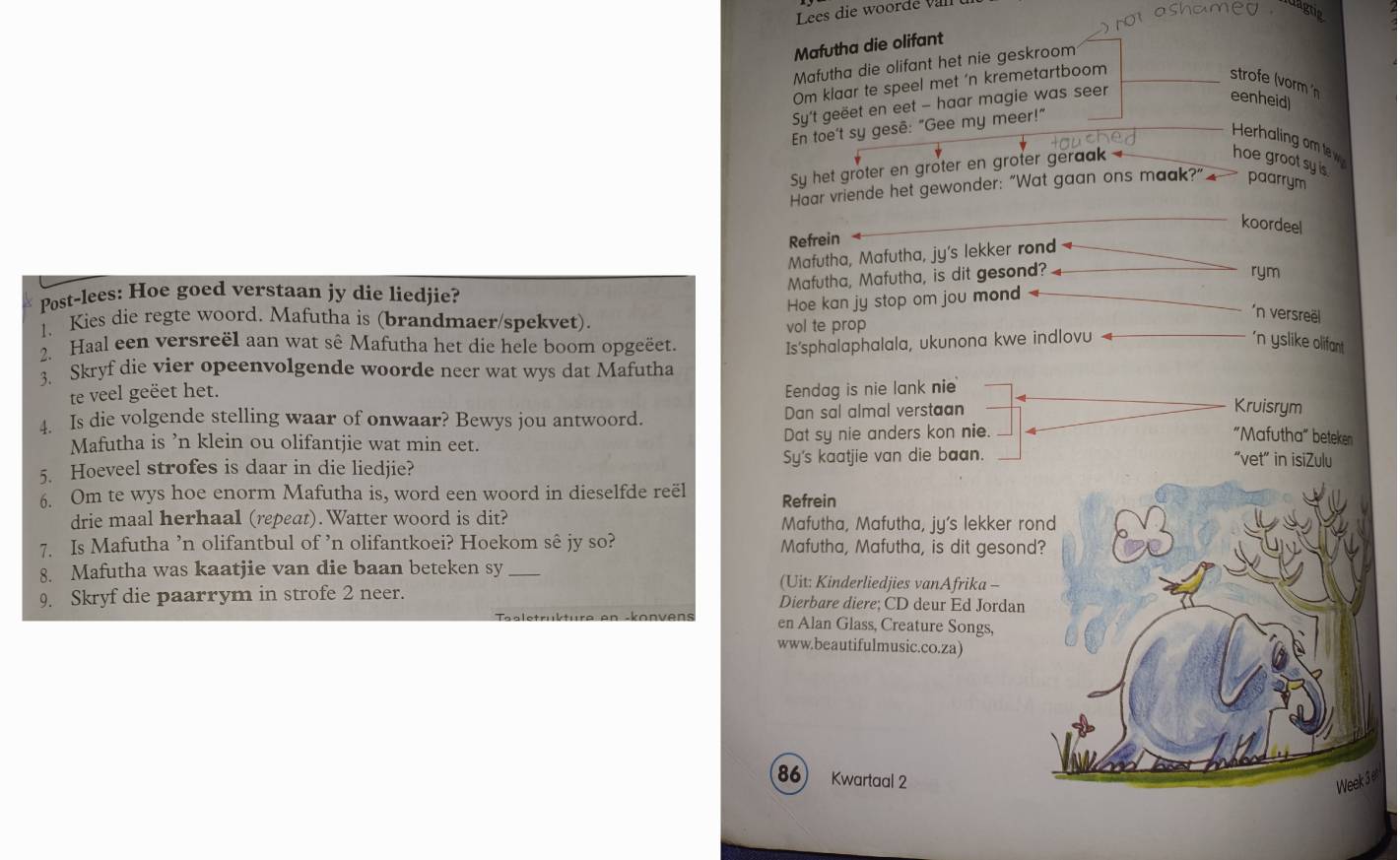 Solved: Lees die woorde van idagne Mafutha die olifant Mafutha die ...